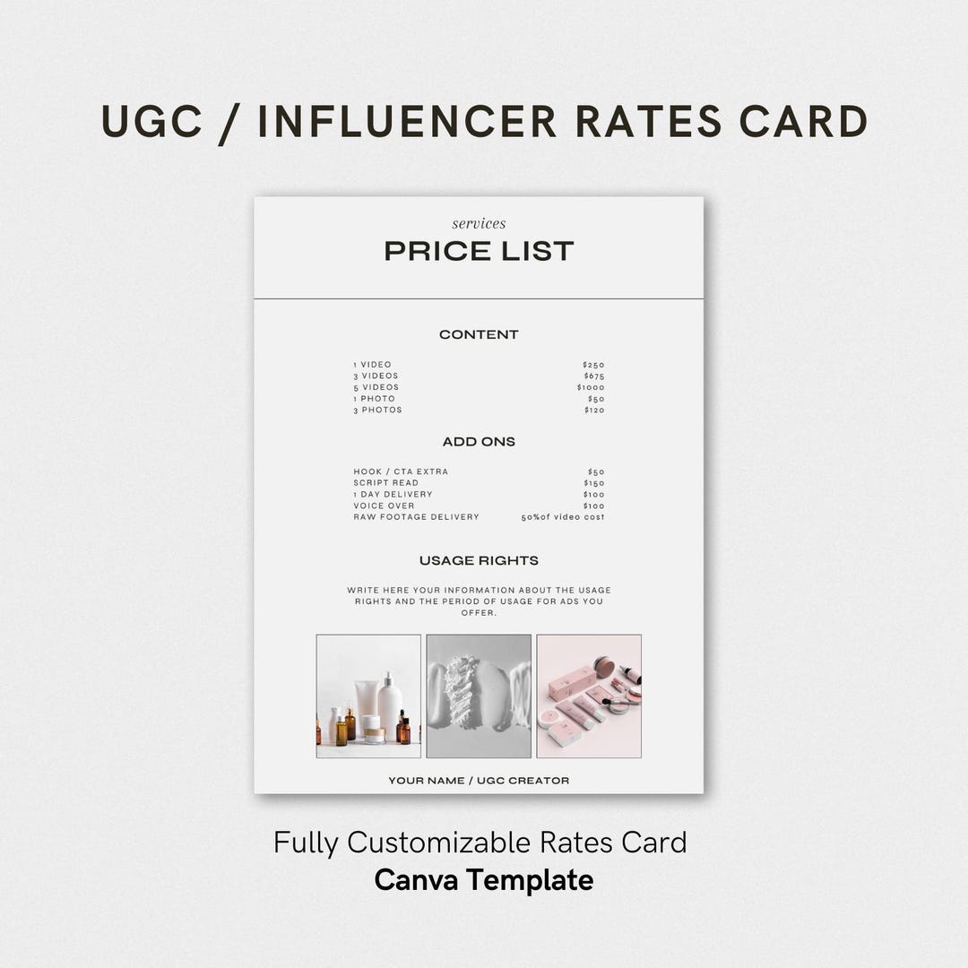 Customizable Canva Rate Card Template for UGC Creators and Influencers ...