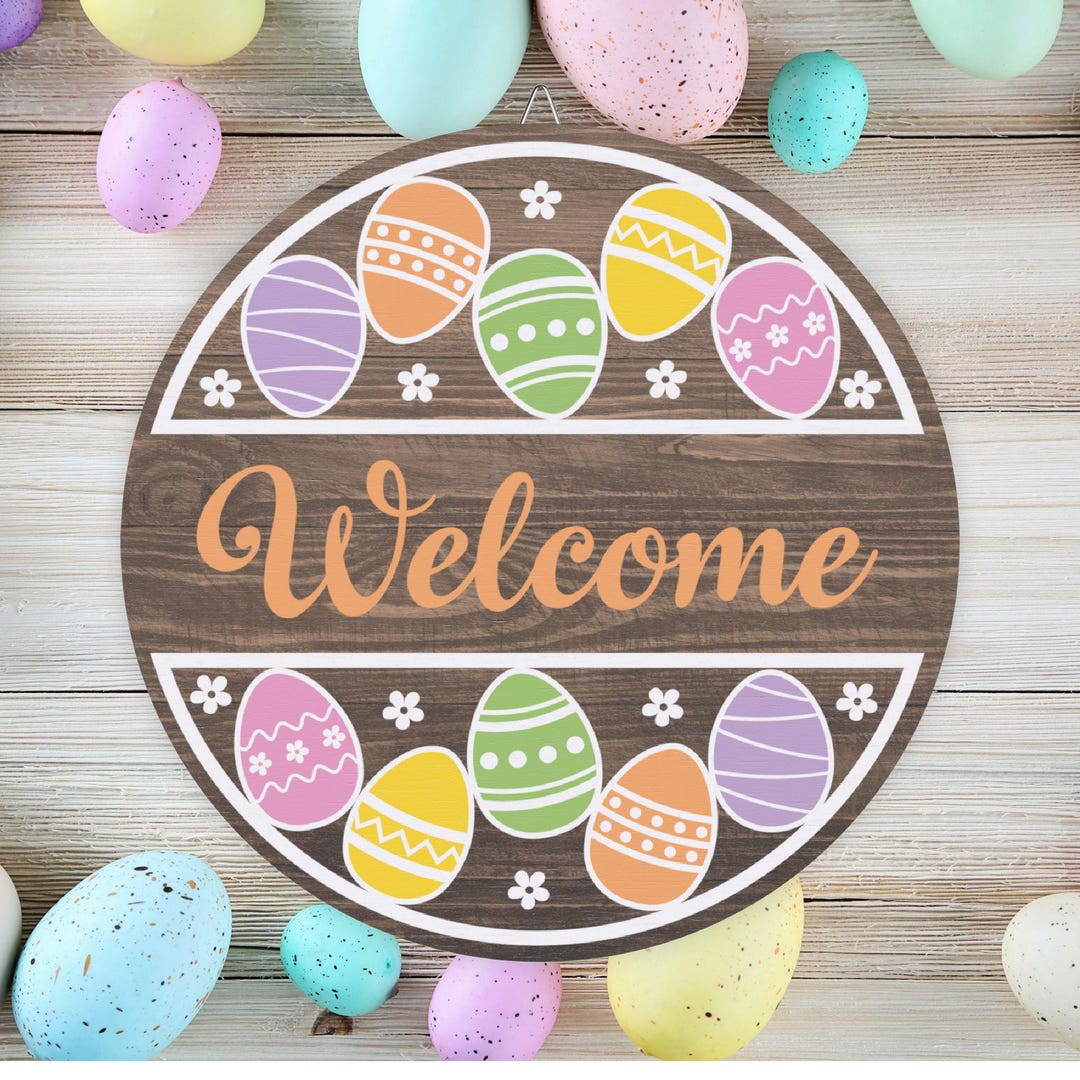 Colorful Egg Welcome Easter Day 10 Inch Round Wood Sign Door Decor - Etsy