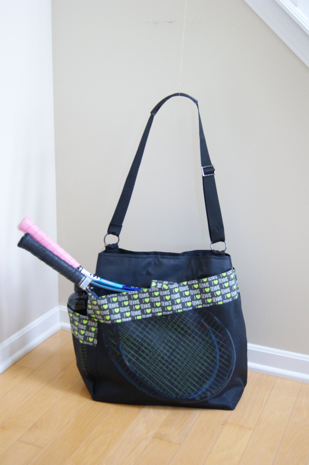 Bonjour Bag. Black Bag With Black Net Pockets Trimmed With Black/ Lime ...