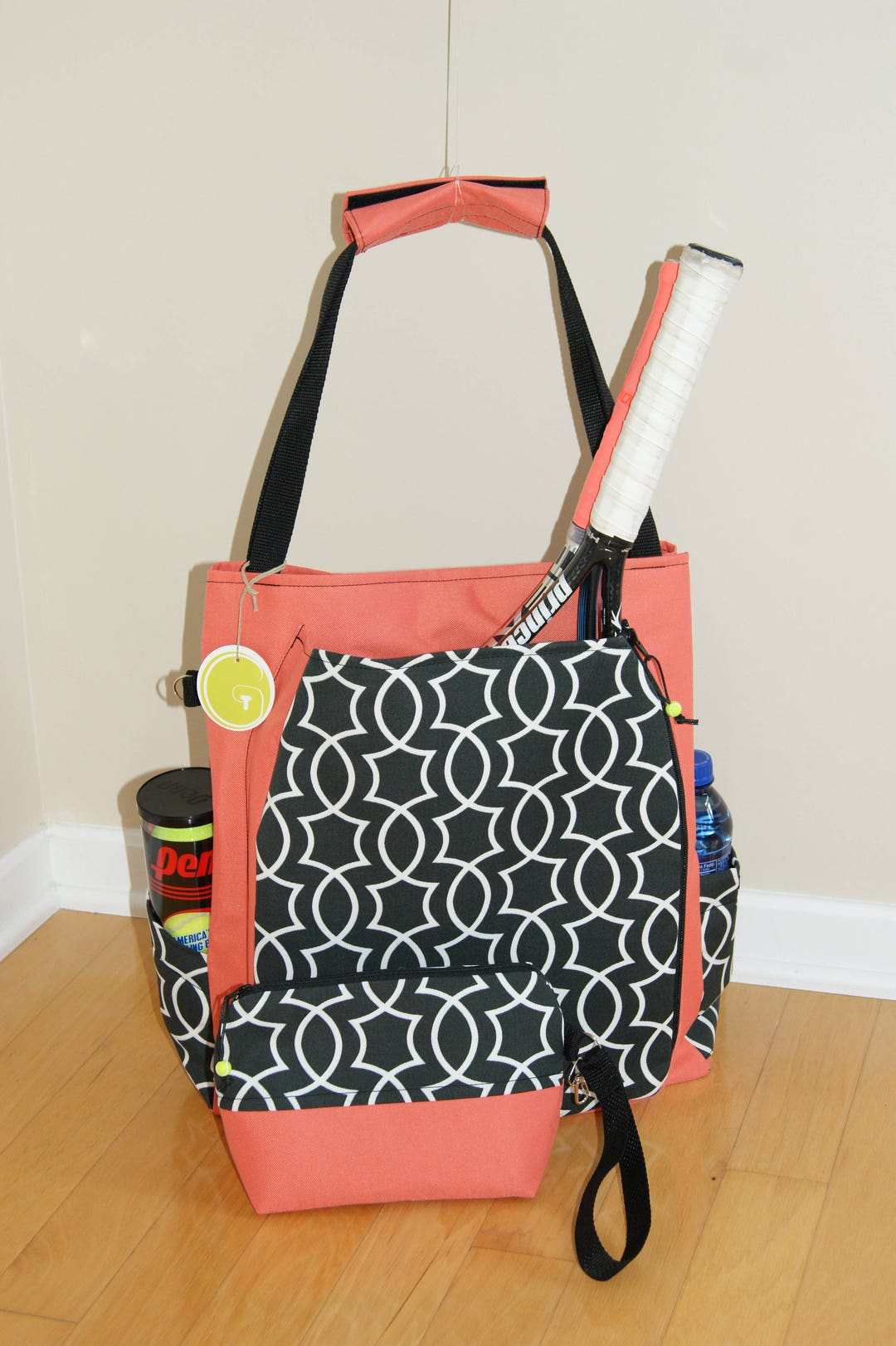 Large Tennis Bag and Accessory Bag.coral With Black and White Geometric ...
