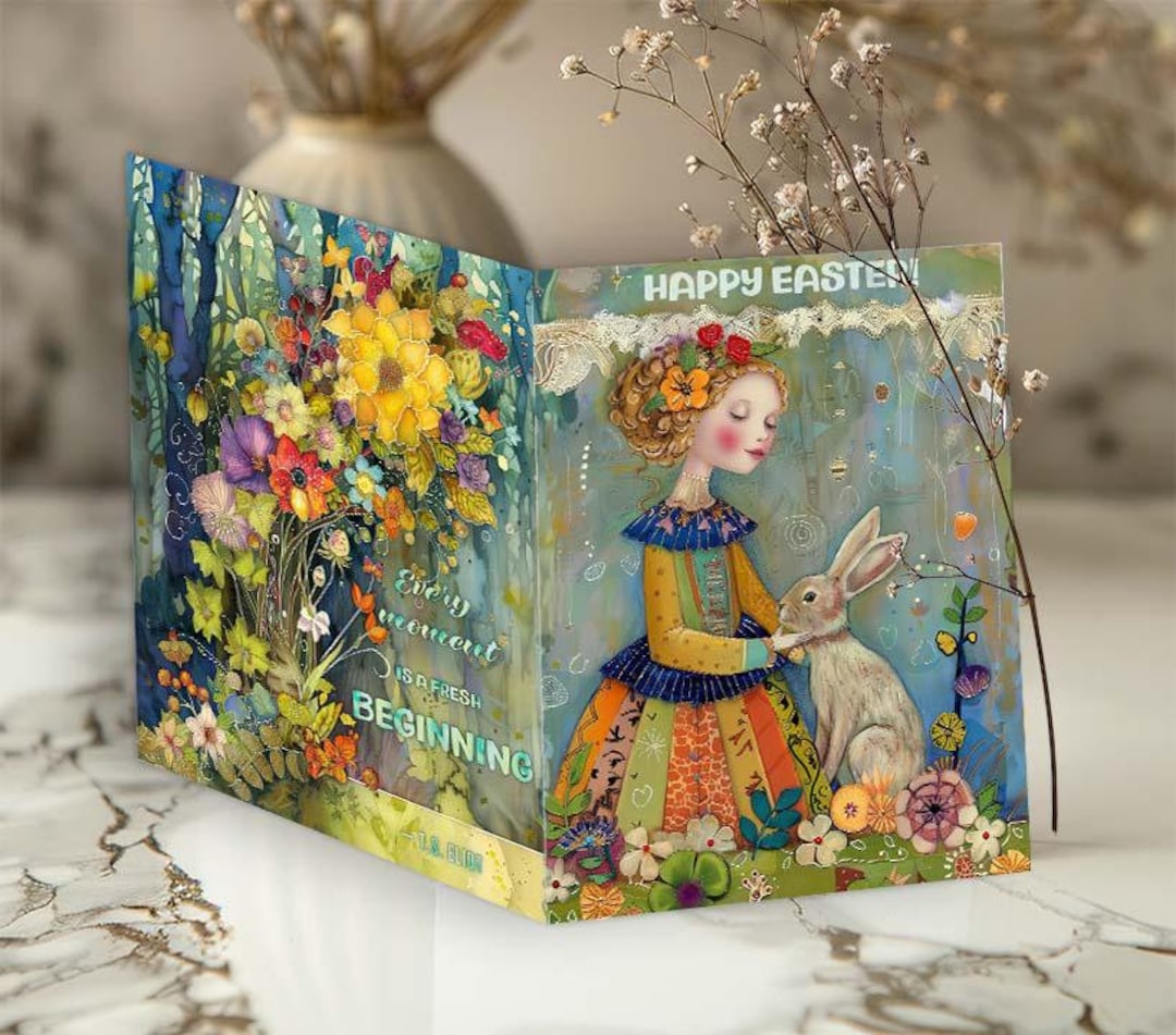 Whimsical Easter Greeting Card No.362: Girl With Bunny, Colorful ...