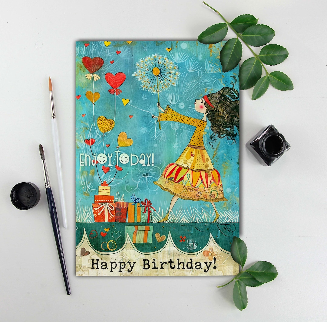 Whimsical Birthday Card 5x7 Envelope No.415: Girl With Balloons - Art ...