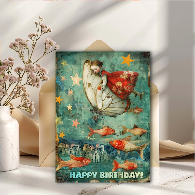 Whimsical Birthday Greeting Card Envelope No. 423: Girl With Butterfly ...