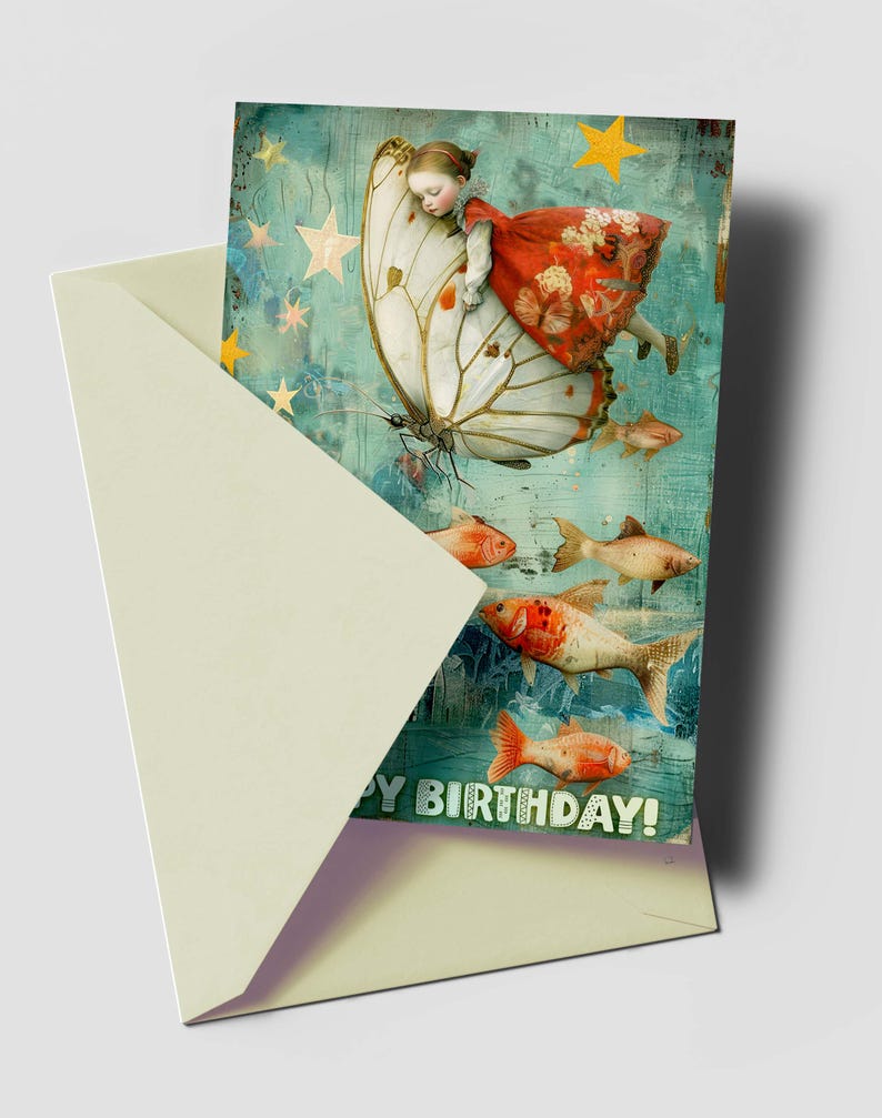 Whimsical Birthday Greeting Card Envelope No. 423: Girl With Butterfly ...