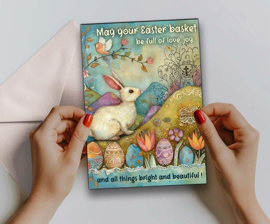 Whimsical Easter Greeting Card No.359 Envelopes : Bunny, Eggs, Flowers ...