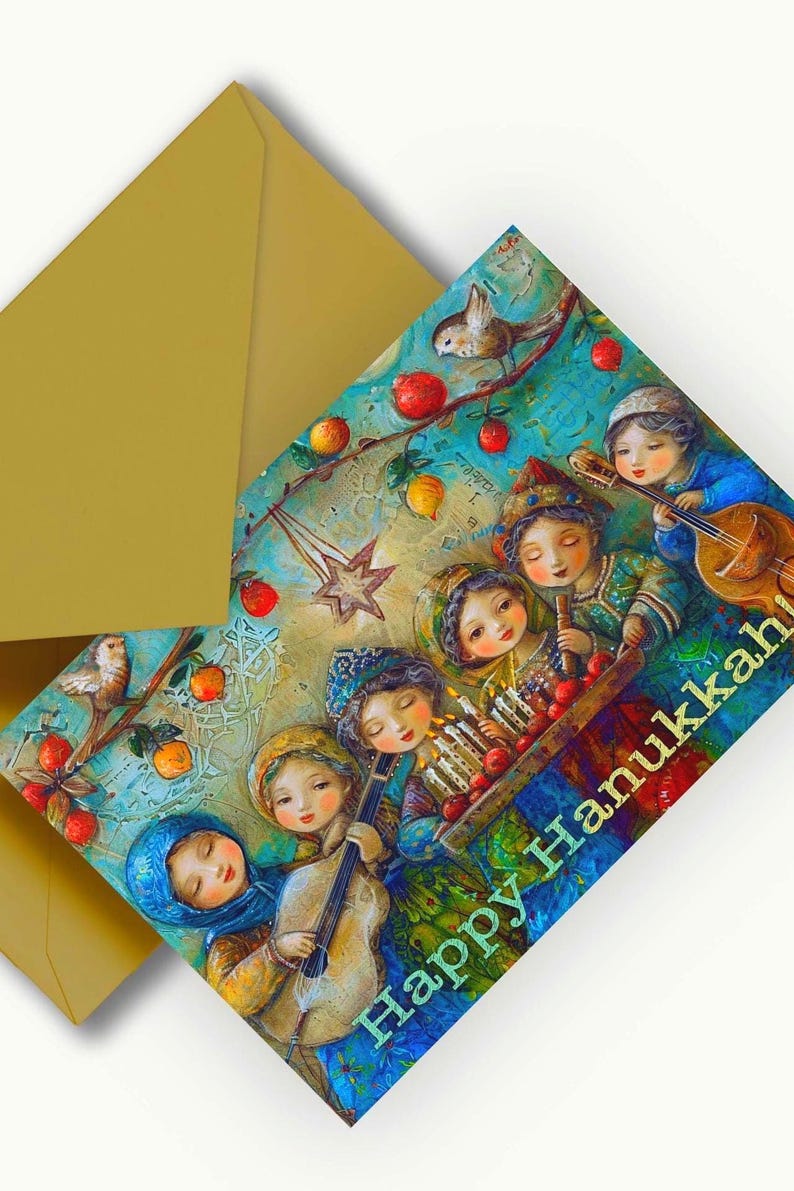 Whimsical Hanukkah Card – Menorah, Star of David & Musical Children No ...