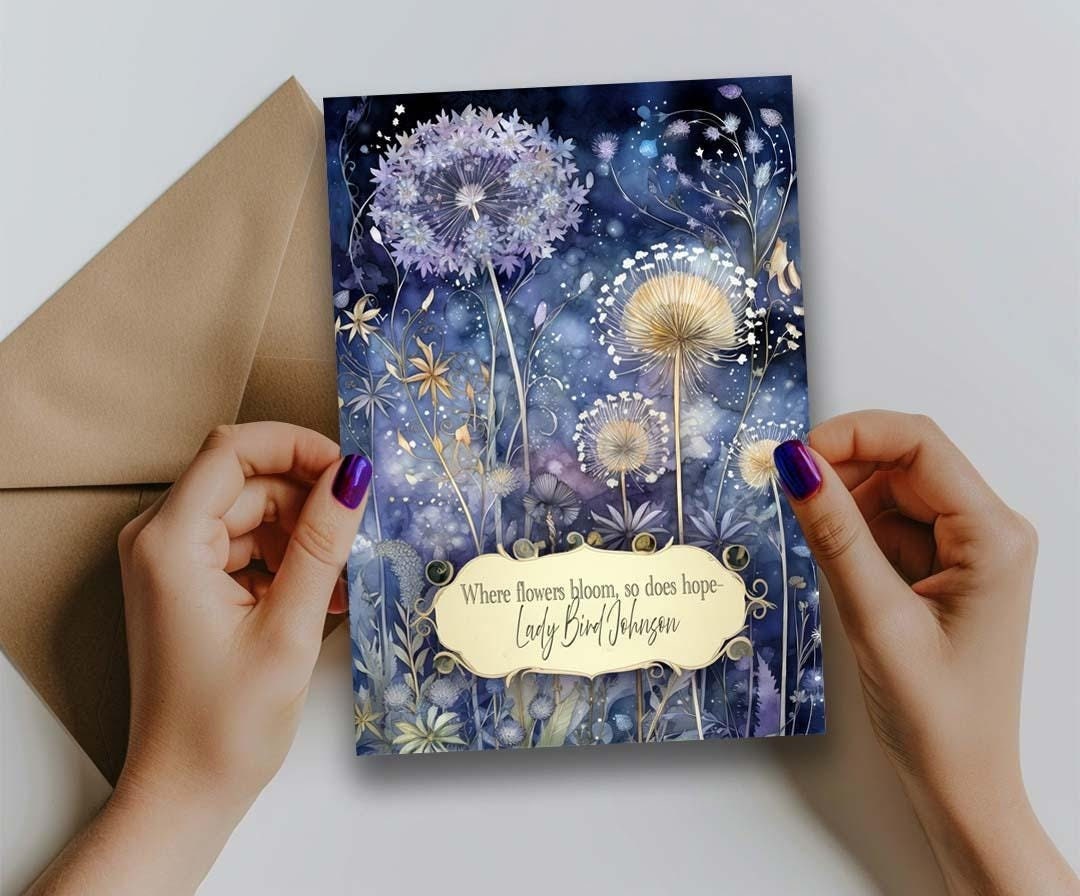 Dandelions Greeting Card No.340: Purple & Gold Fantasy Art, 5x7 Gloss ...