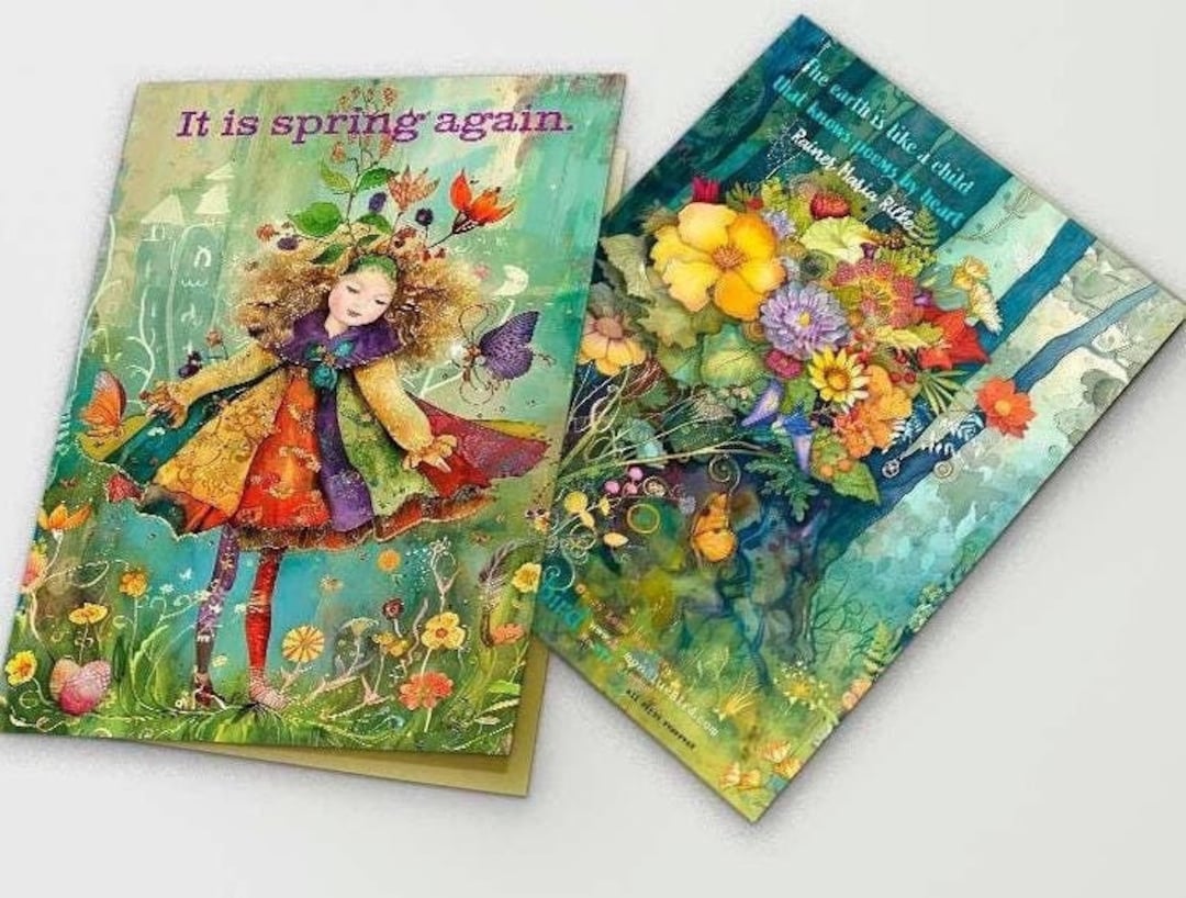 Whimsical Easter Greeting Card No.371: Colorful Spring Girl, Flowers ...