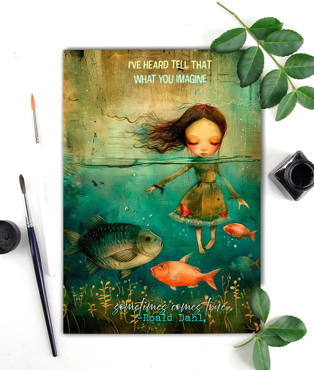 Whimsical Girl and Sea Turtle Art Greeting Card No.397: Encouragement ...