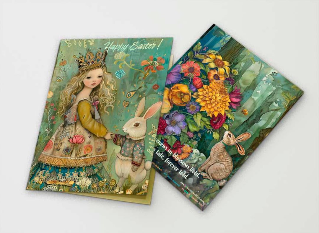 Whimsical Easter Card No.379 Envelope: Princess, Bunny, Floral (5x7 ...