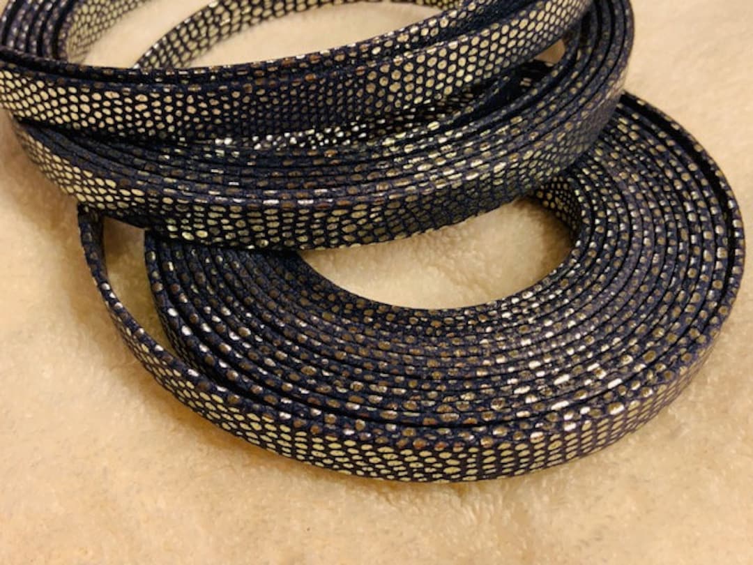 10mm Flat Fancy Italian Leather Navy With Metallic Print - Sold by the ...