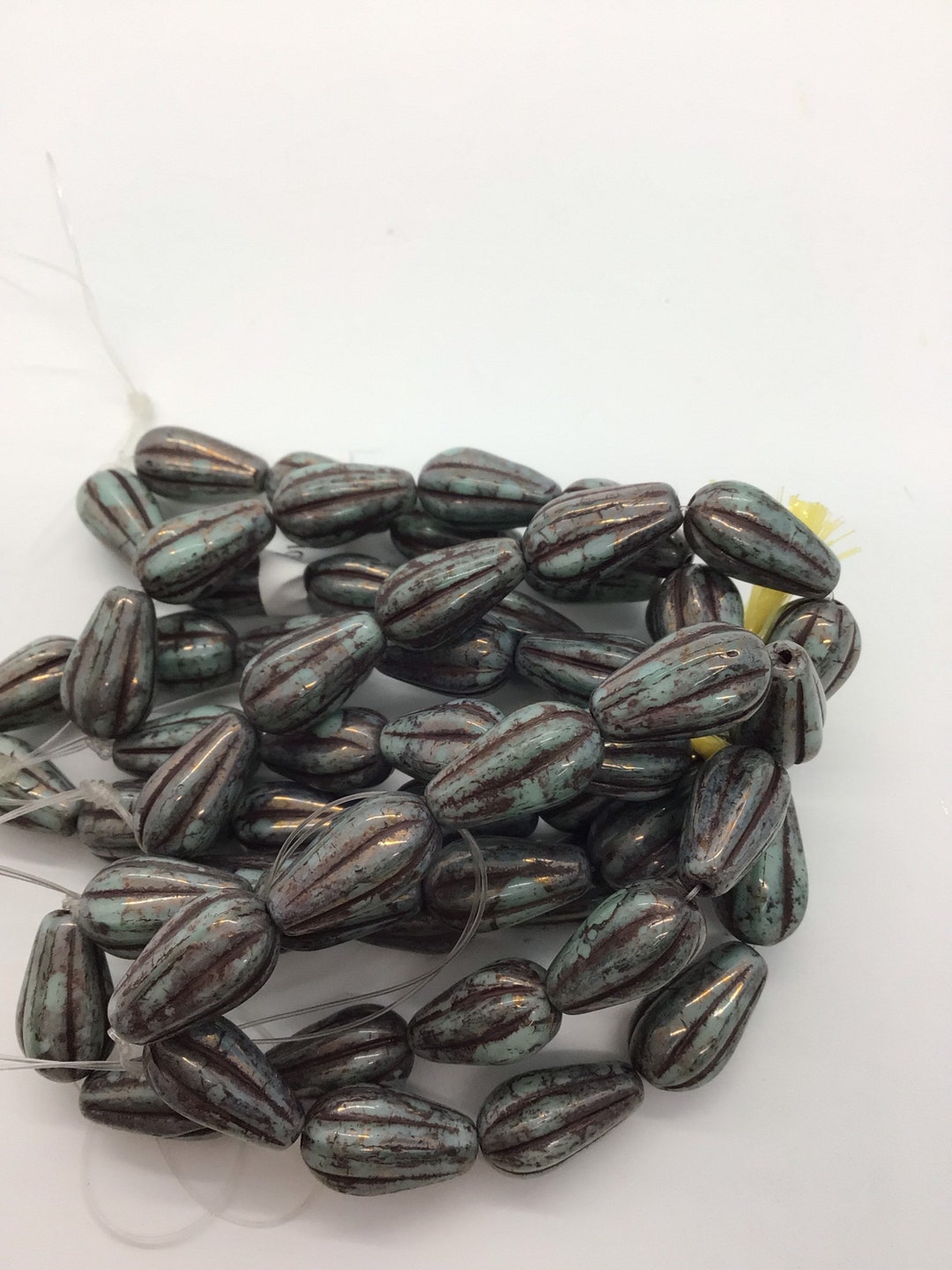 CZE 8x15mm Melon Drop Pale Blue Green With Gold Finish and A Wash Czech ...