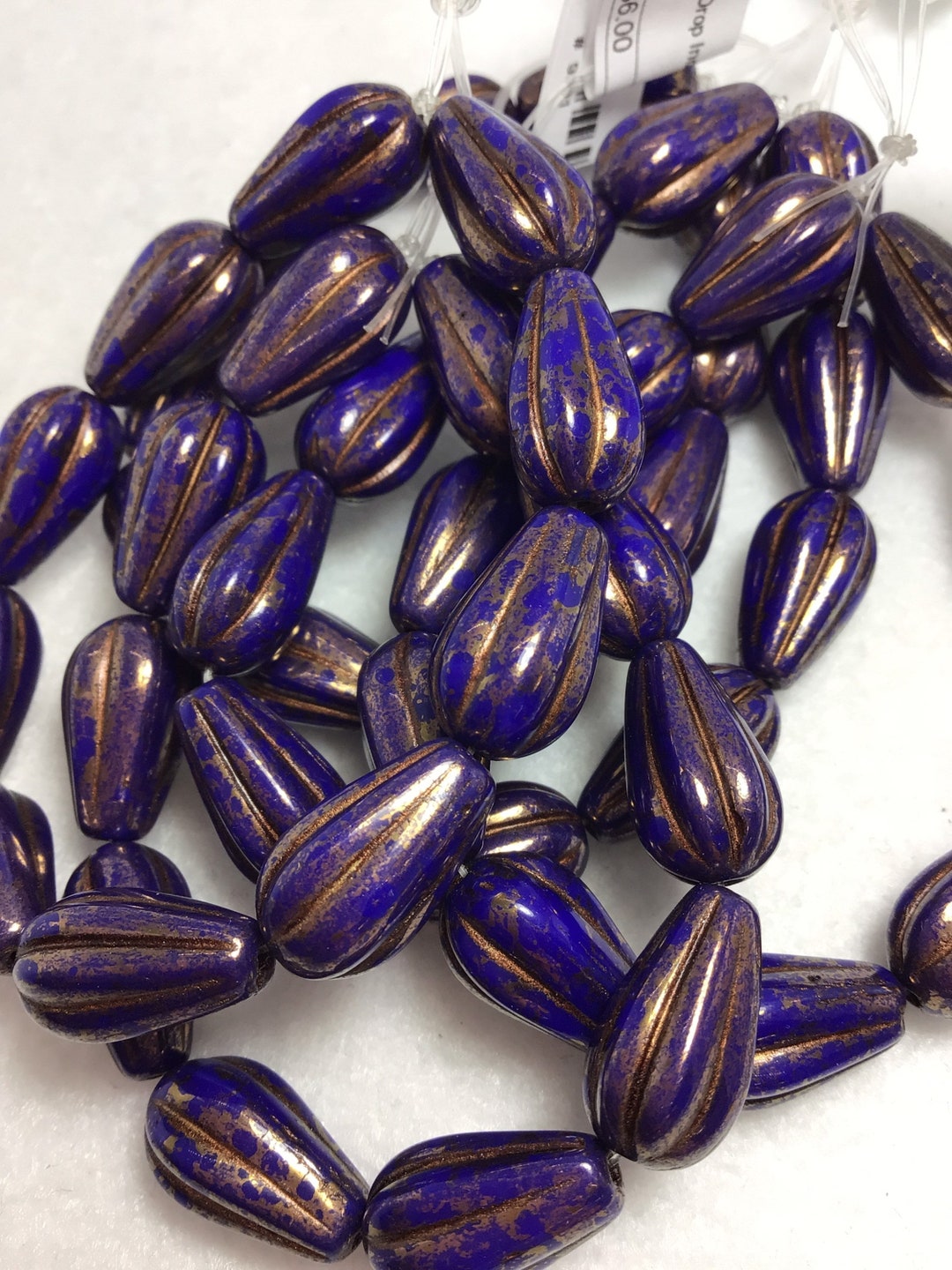 CZE 8x15mm Melon Drop Indigo With Gold Finish and Bronze Wash Czech ...