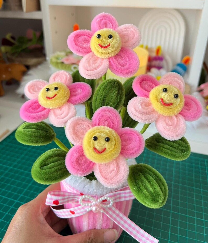 Handmade Mini Pink Smiley Flowers Pot - Finished Pipe Cleaner Product ...