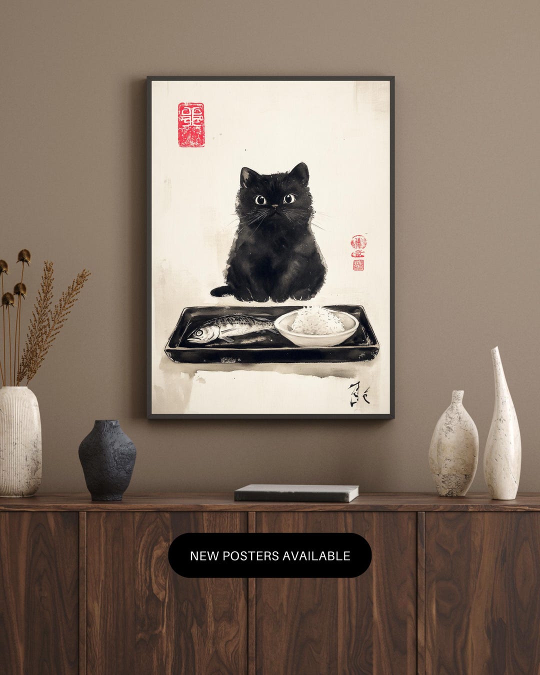 Japanese Wall Art - Sumie Cat With Meal | Traditional Japanese Ink Art ...