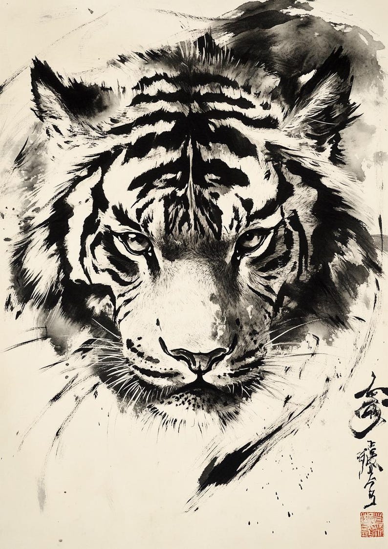 Japanese Wall Art Tiger Sumie Art Traditional Japanese Ink Wash ...