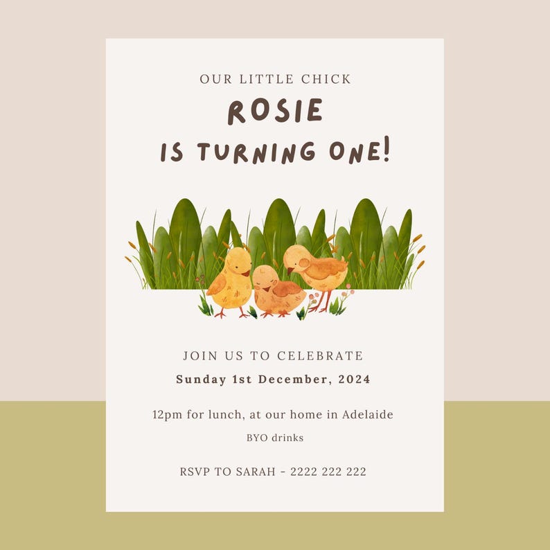 Birthday Invitation Template, Chicken Theme Birthday, First Birthday ...