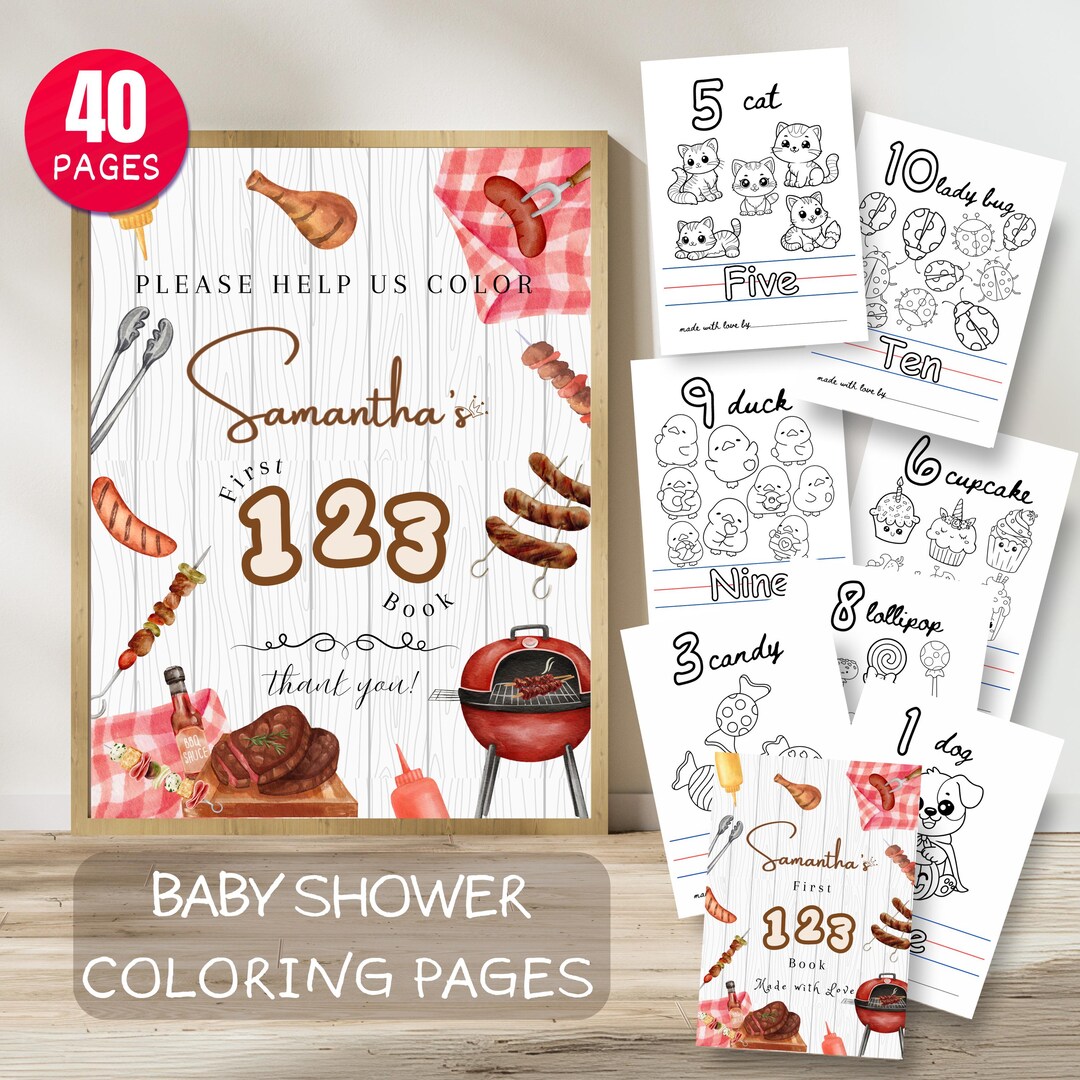 Editable Red Babyq 123 Baby Shower Coloring Book, Neutral Barbecue Baby ...