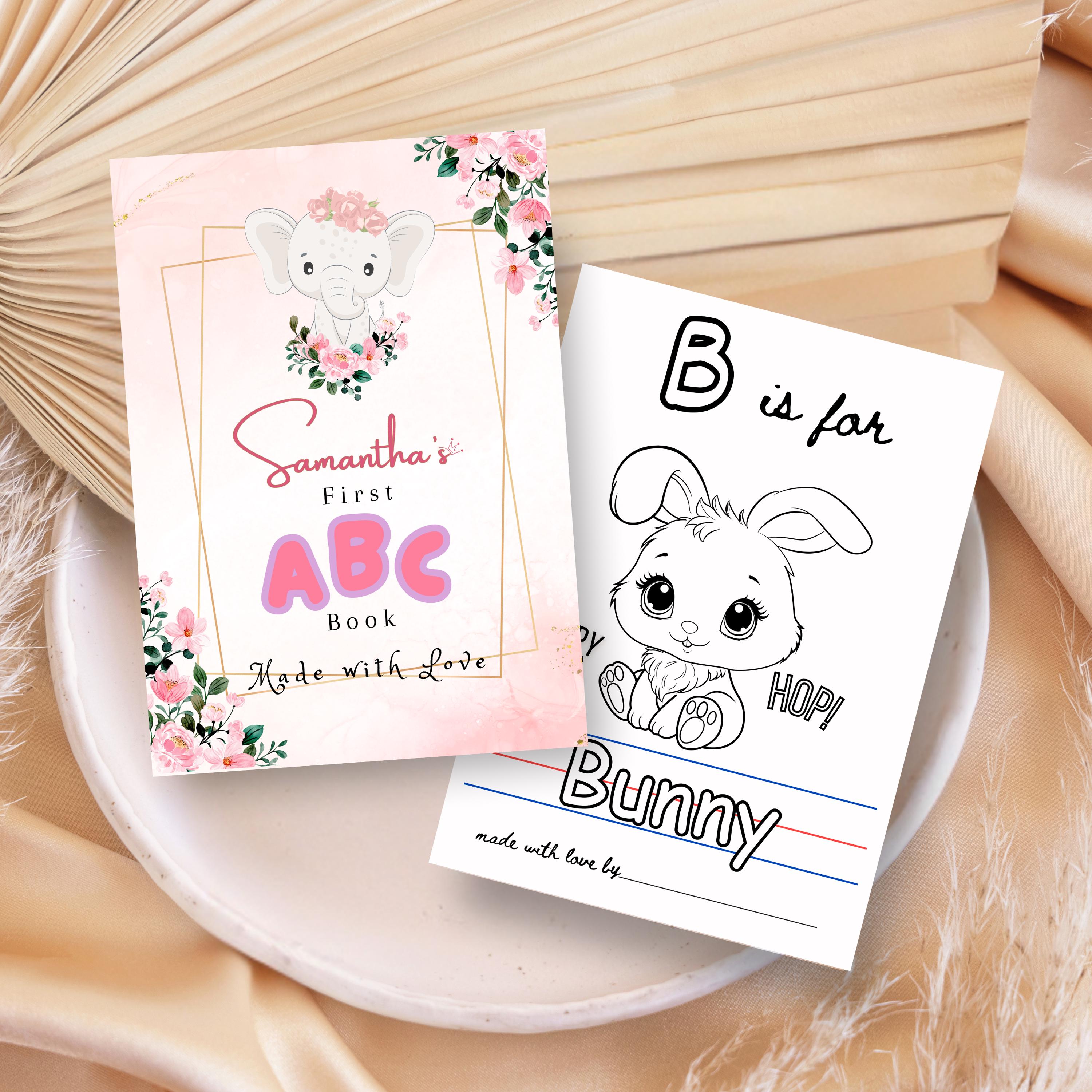 Editable Elephant ABC Baby Shower Coloring Book, Pink Floral Baby's ...
