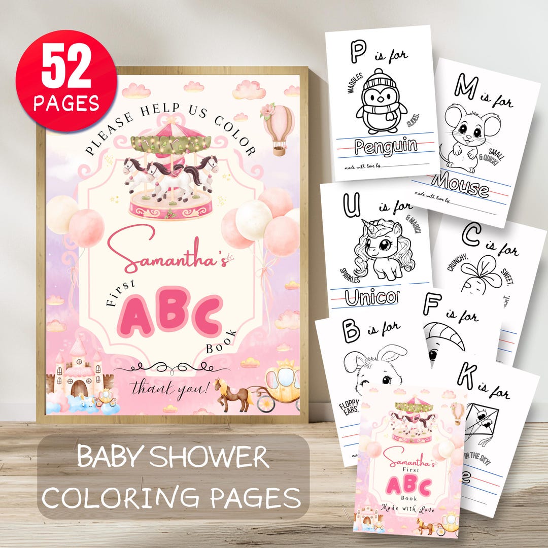 Editable Carousel ABC Baby Shower Coloring Book, Fairytale Baby's First ...