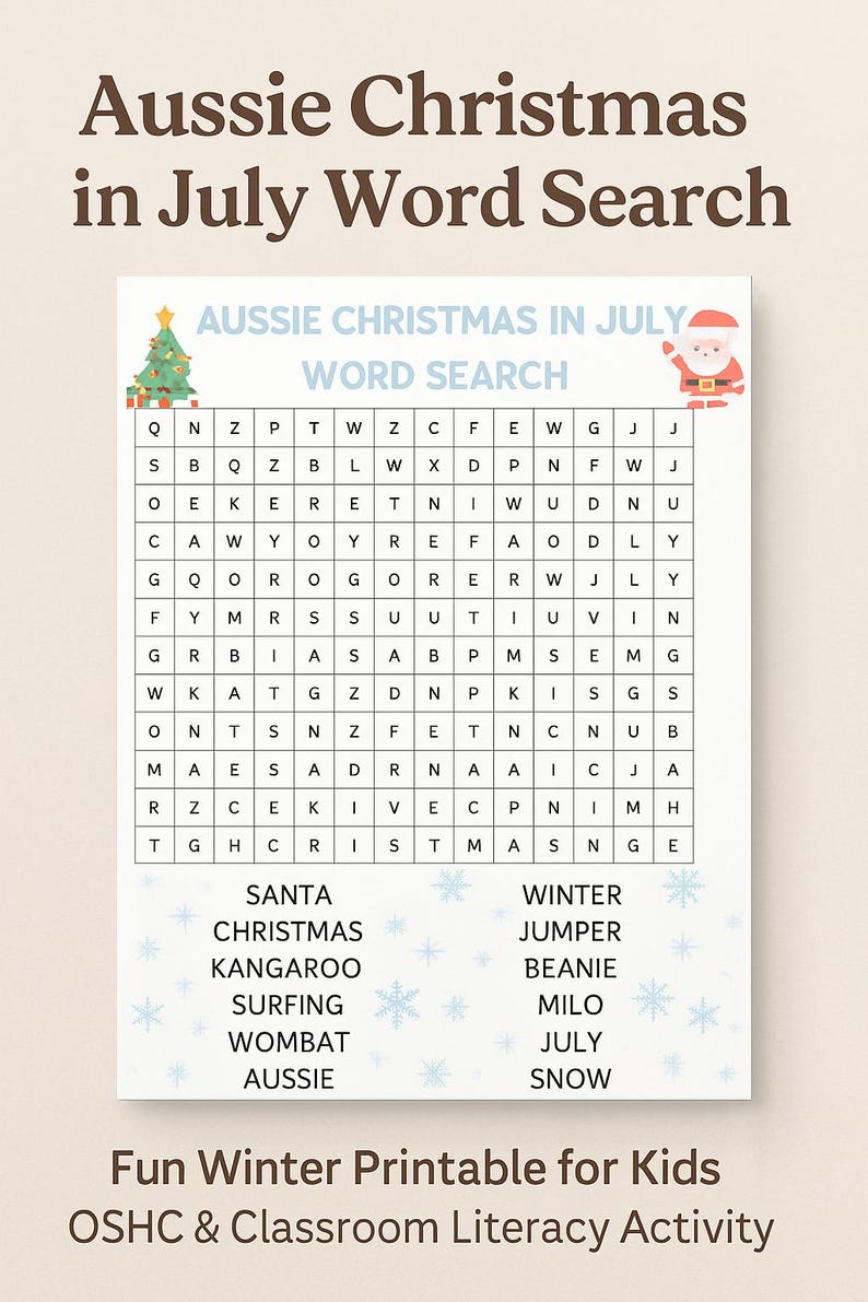 Aussie Christmas in July Word Search: Winter Kids Activity (PDF ...