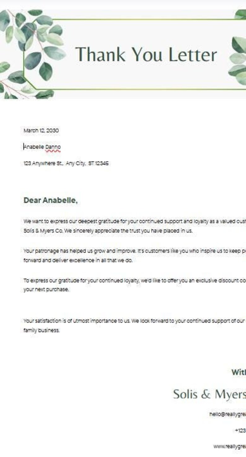 Thank You Letter Template WORD DOC - Etsy