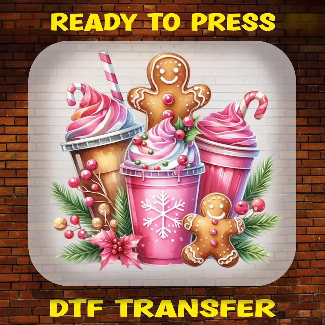 Pink Gingerbread Coffee Christmas DTF Transfer, Holiday Drinks Ready to ...