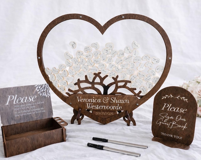 Personalized Wooden Heart Wedding Guest Book Rustic Tree Frame Keepsake ...