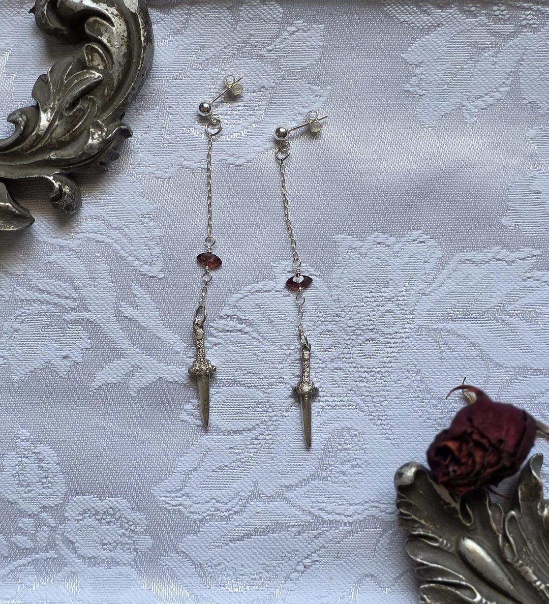 Sterling Silver Handmade Dagger and Garnet Earrings - Etsy