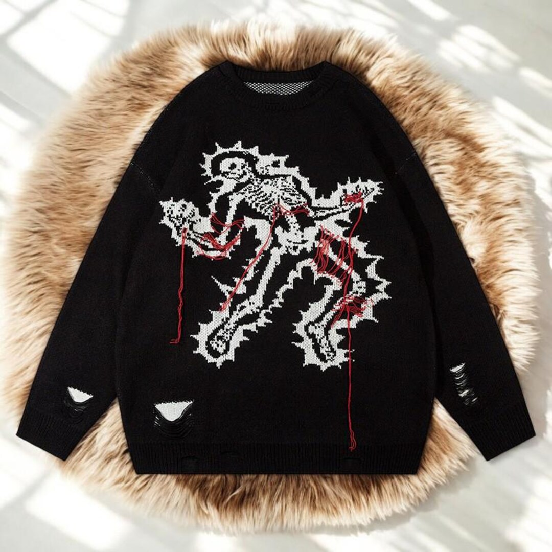 Skeleton Knit Sweater With Distressed Details, Unique Gothic Graphic ...