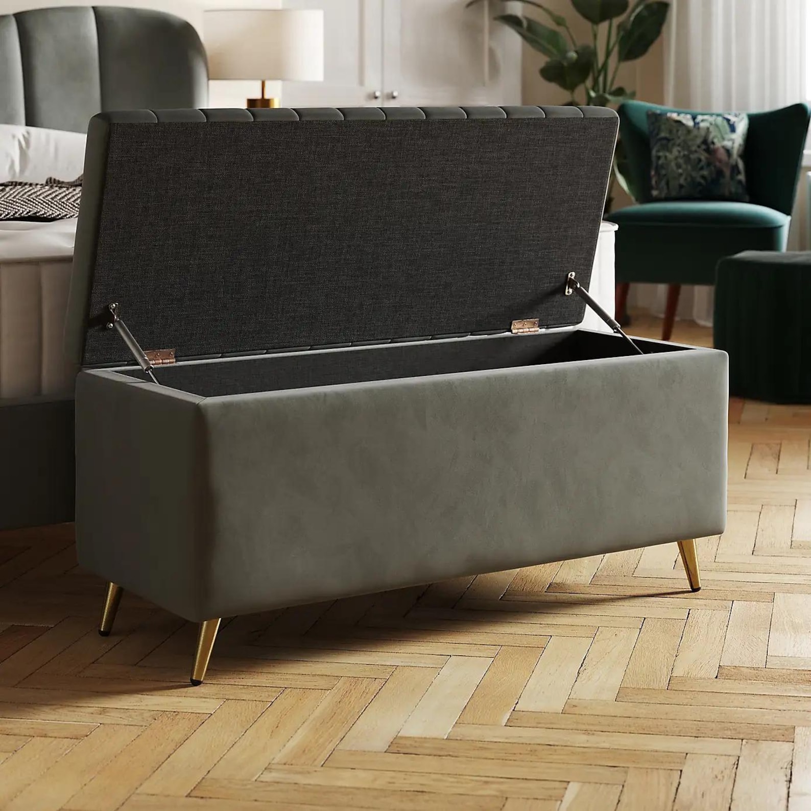 Plush Velvet Ottoman Storage Box: Gold Metal Legs, Striped Lid - Etsy