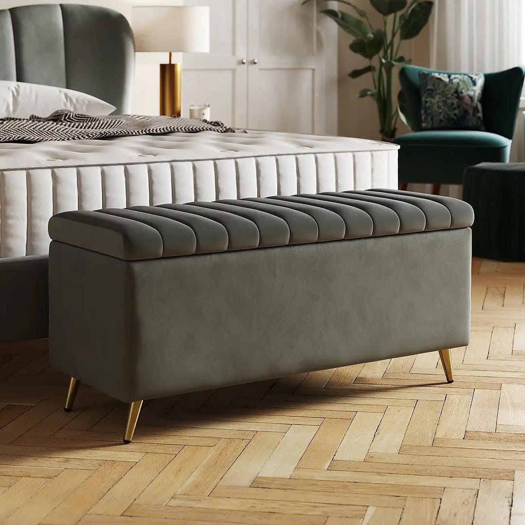 Plush Velvet Ottoman Storage Box: Gold Metal Legs, Striped Lid - Etsy