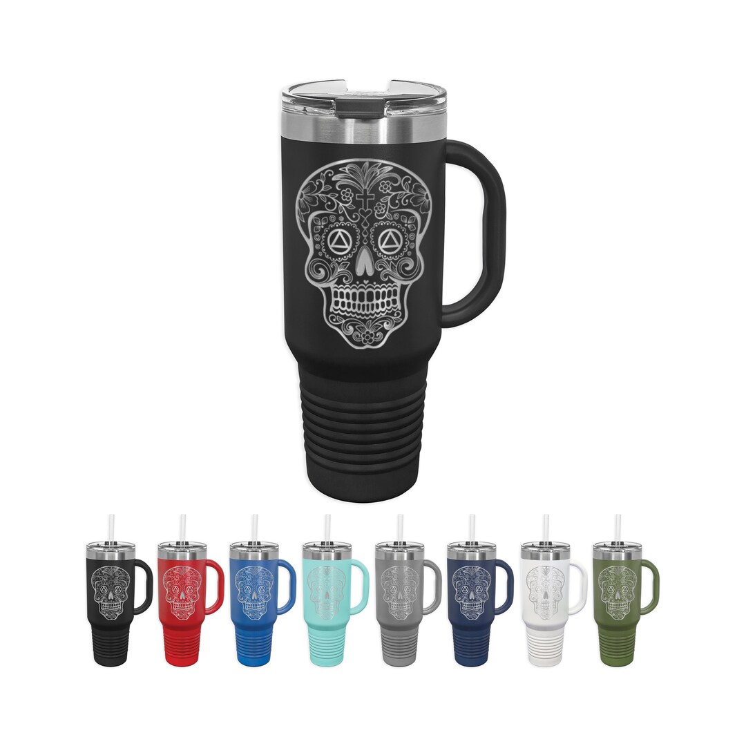 40 Oz. Personalized AA Sugar Skull Travel Tumbler W/handle | Custom ...