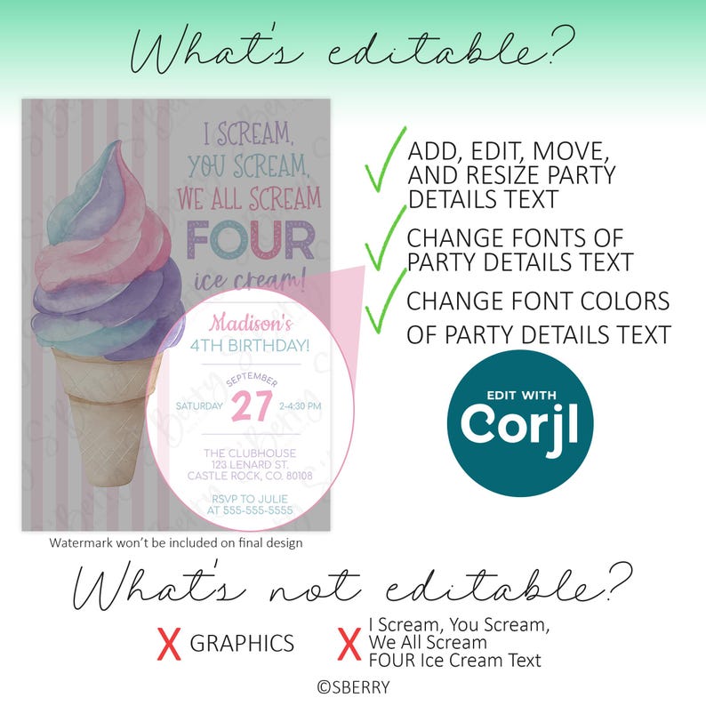 Editable Ice Cream Birthday Invitation - I Scream, You Scream We All ...