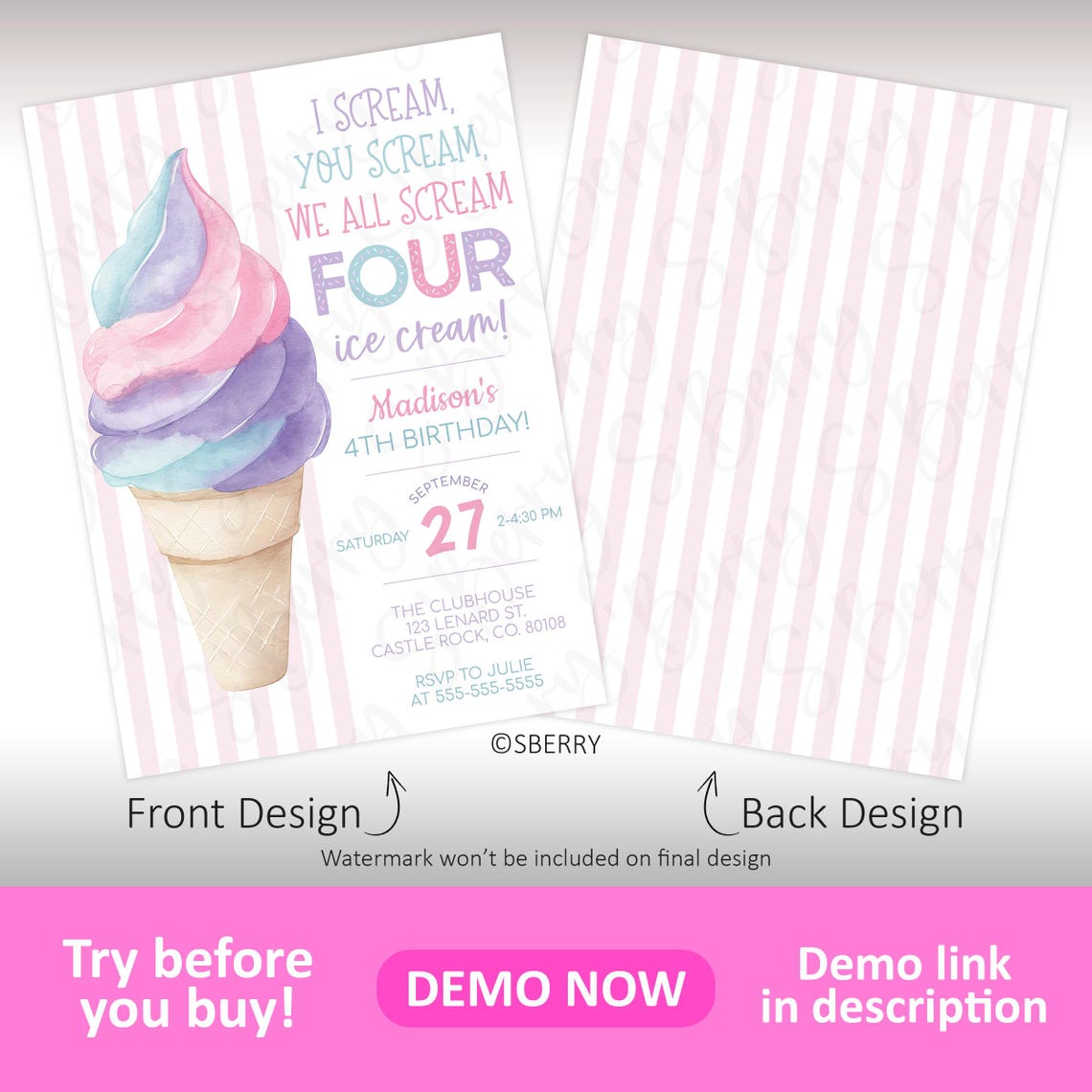 Editable Ice Cream Birthday Invitation - I Scream, You Scream We All ...