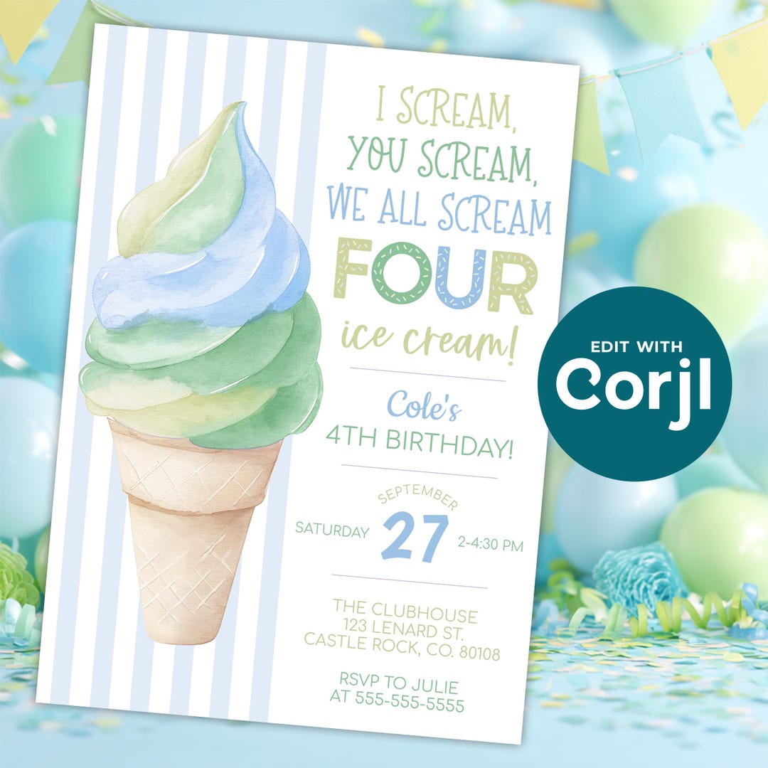 Editable Ice Cream Birthday Invitation - I Scream, You Scream We All ...