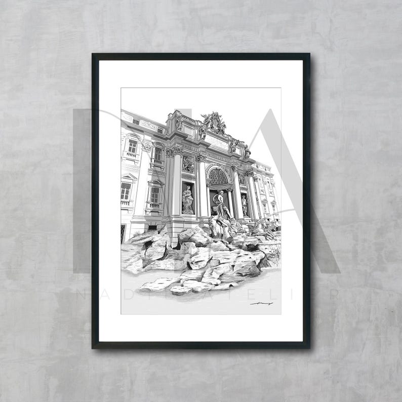 Trevi Fountain B&W Printable, Baroque Architecture Wall Art, Roma Home ...