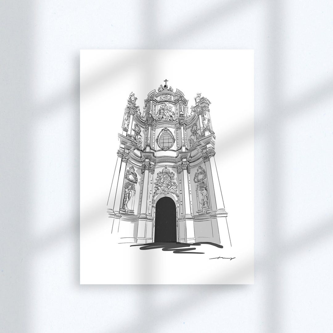 Valencia Cathedral Sketch Print: Baroque Architecture Wall Art (digital ...
