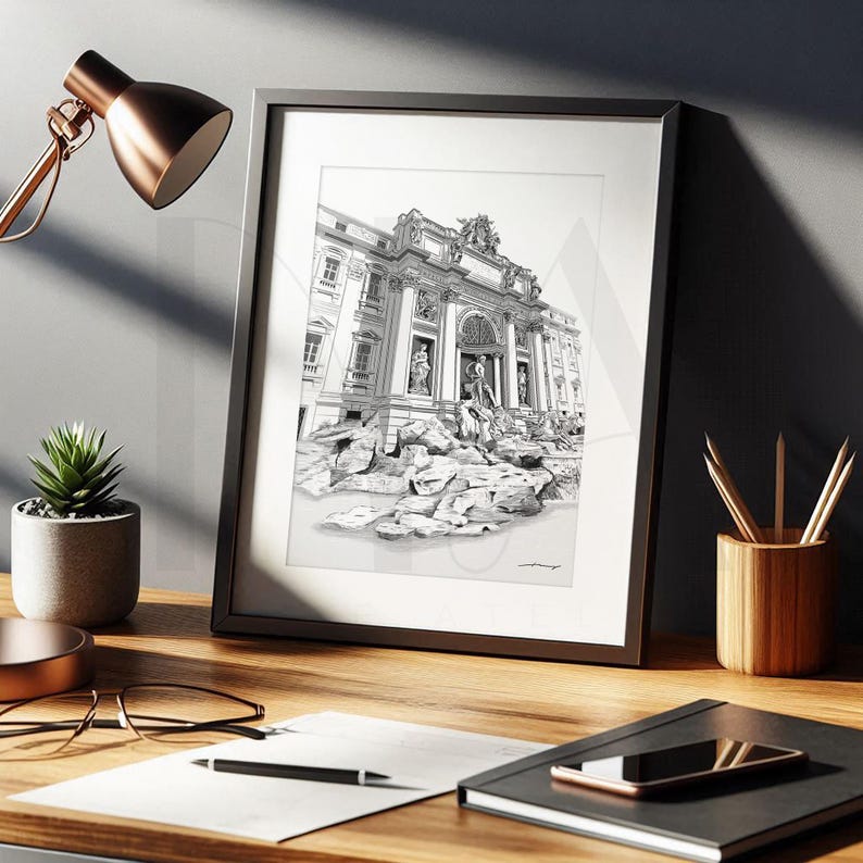 Trevi Fountain B&W Printable, Baroque Architecture Wall Art, Roma Home ...