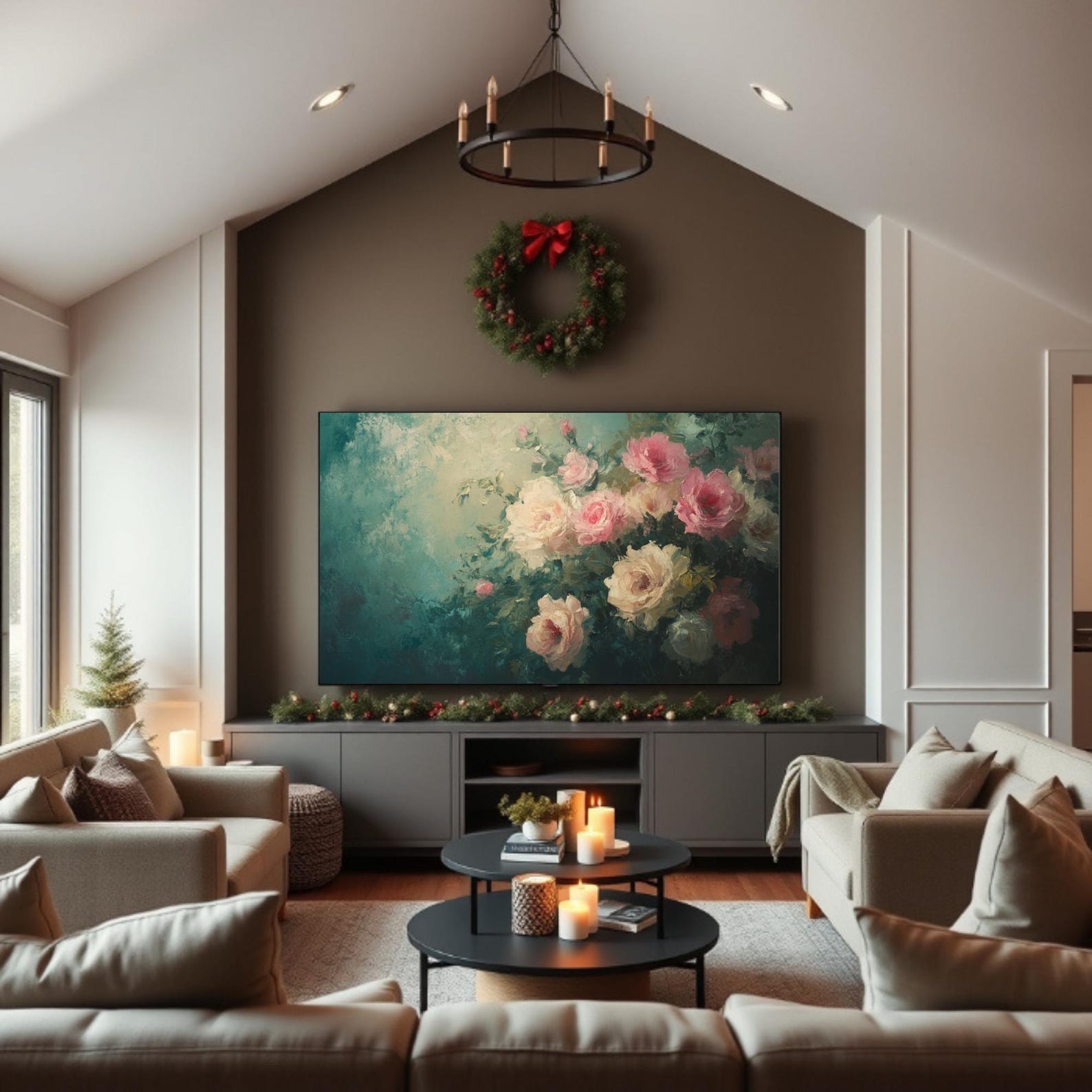 Romantic Floral Still Life TV Art, Soft Pink and White Roses Digital ...