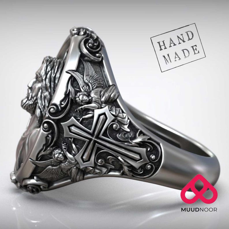 Jesus Christ Angels Gothic Cross Ring | Christian Shield Signet for Men | Holy Art Jewelry ...