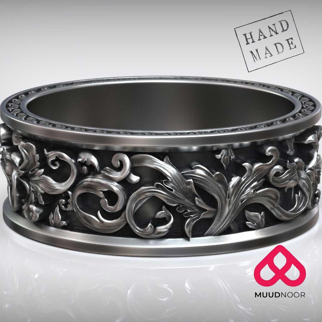 Royal Rococo Wedding Band | Ornate Carved Ring for Him | Baroque Style ...