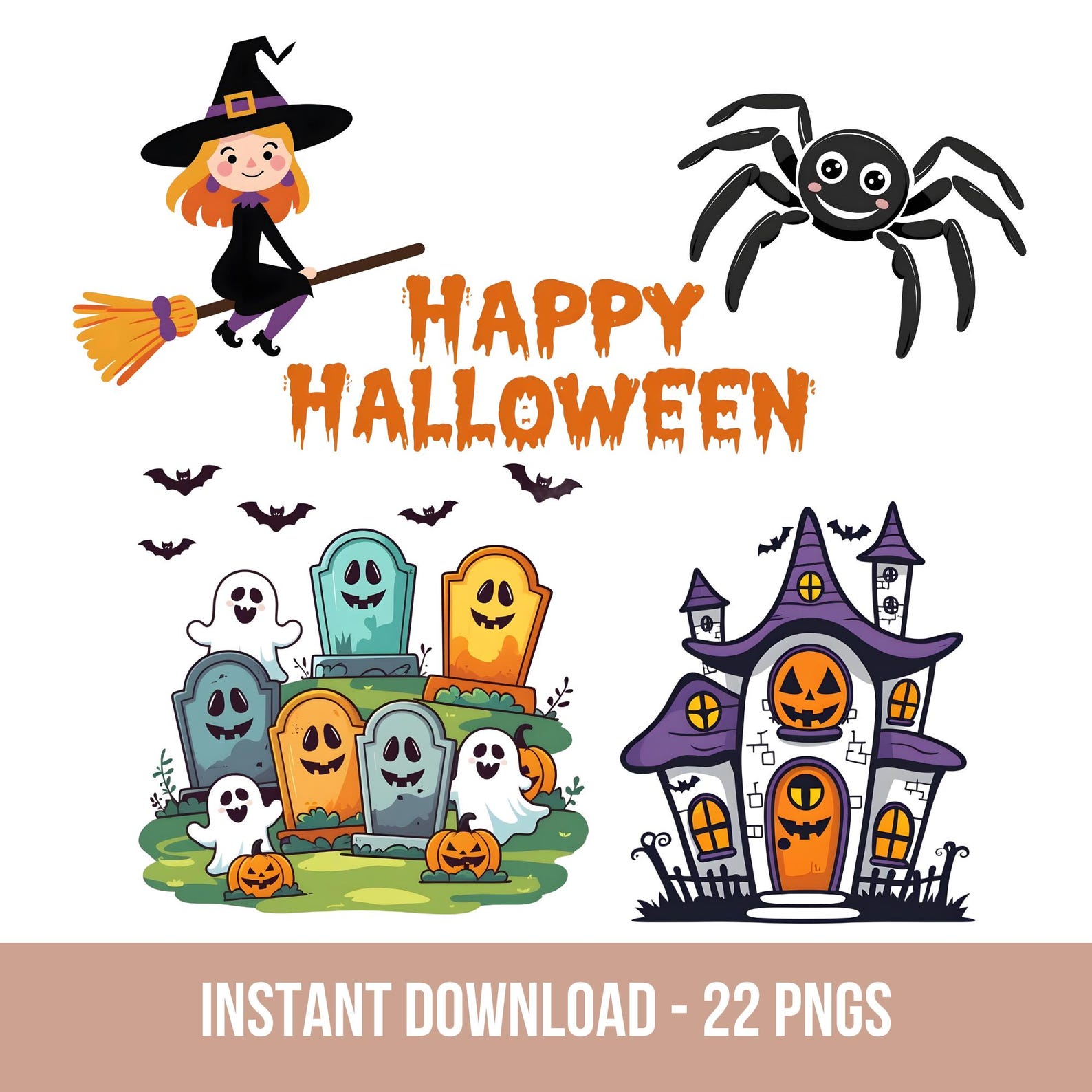 Cute Halloween PNG Clipart for Kids, 23 Adorable Cartoon Elements ...