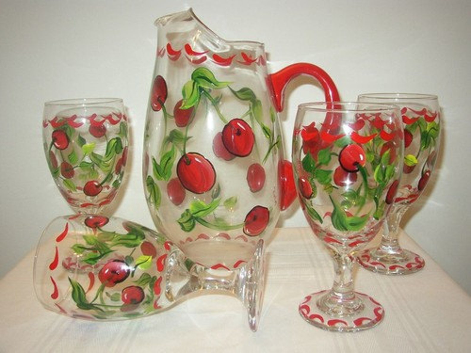 Hand Painted Goblets / Ice Tea Glasses and Pitcher With Cherries - Etsy