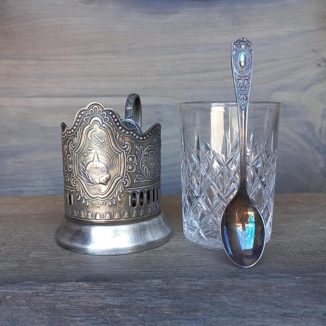 Vintage Crystal Glass Tea Set: Melchior Cup Holder & Spoon - Etsy
