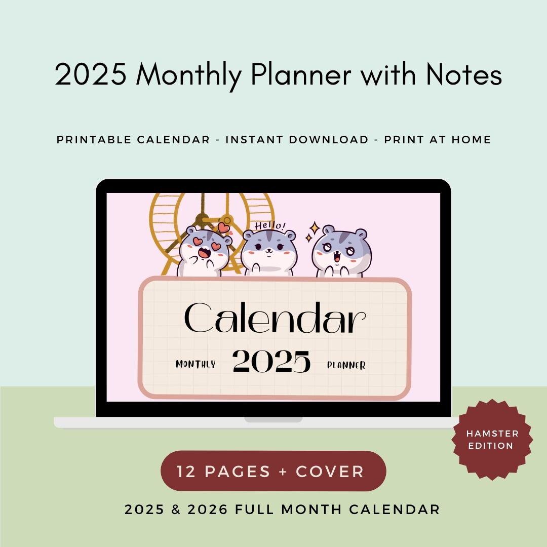 Calendar Printable, Hamster Calendar, Wall Calendar PDF, Planner ...