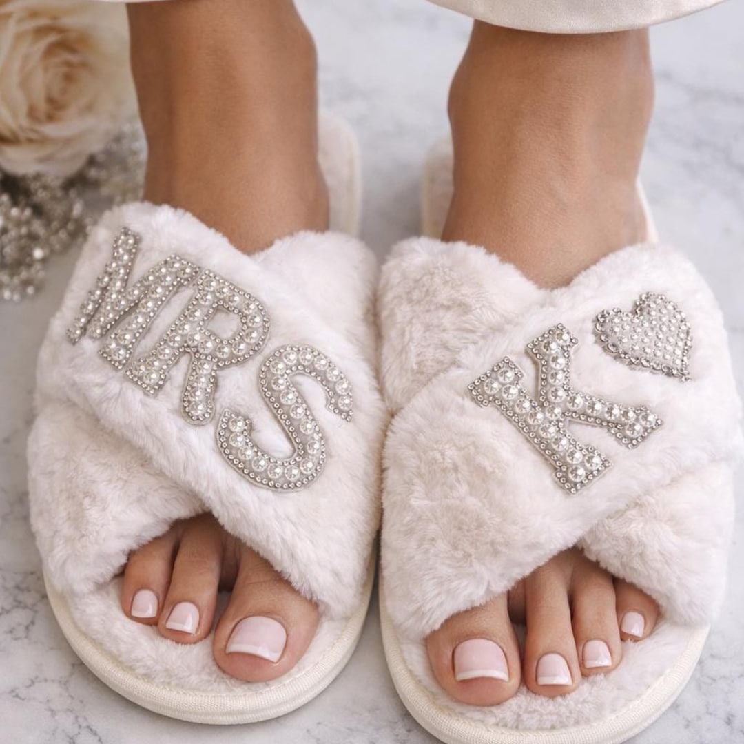 Personalized Mrs Bridesmaid Slippers Custom Bride Slides Rhinestone ...