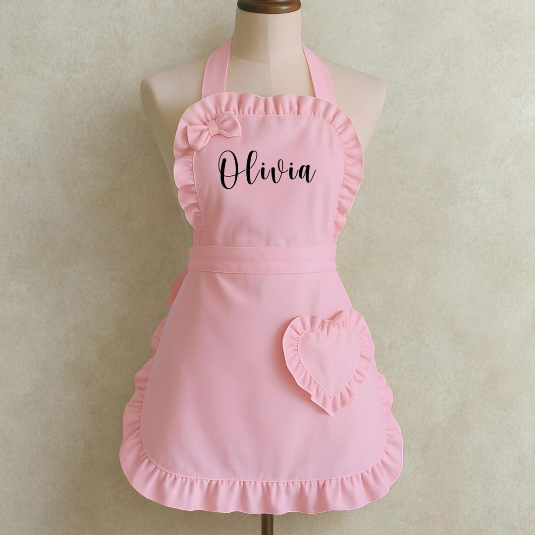 Personalized Pink Ruffle Apron Heart Pocket Apron Cute Kitchen Apron ...