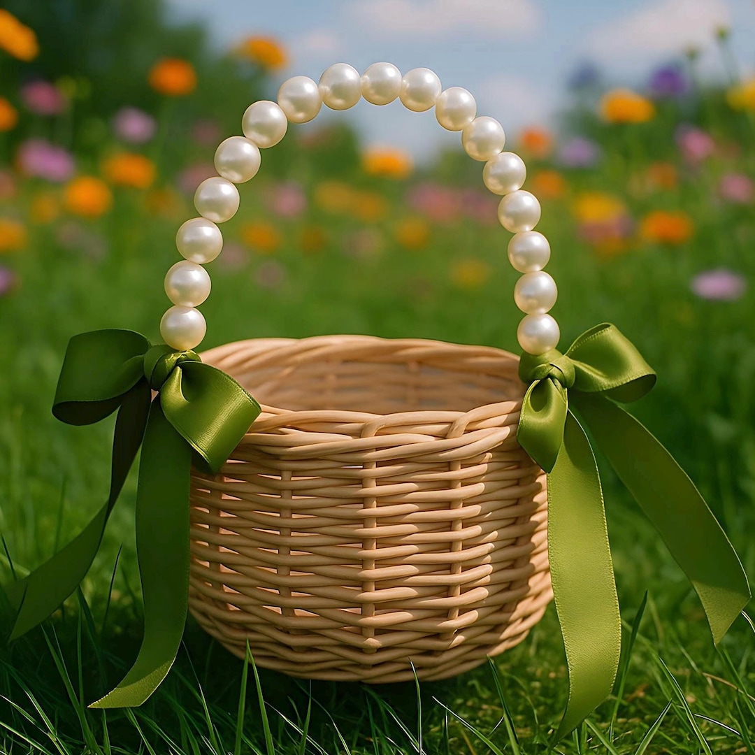 Flower Girl Boho Basket With Pearl Beaded Handle | Small Rustic Wedding ...