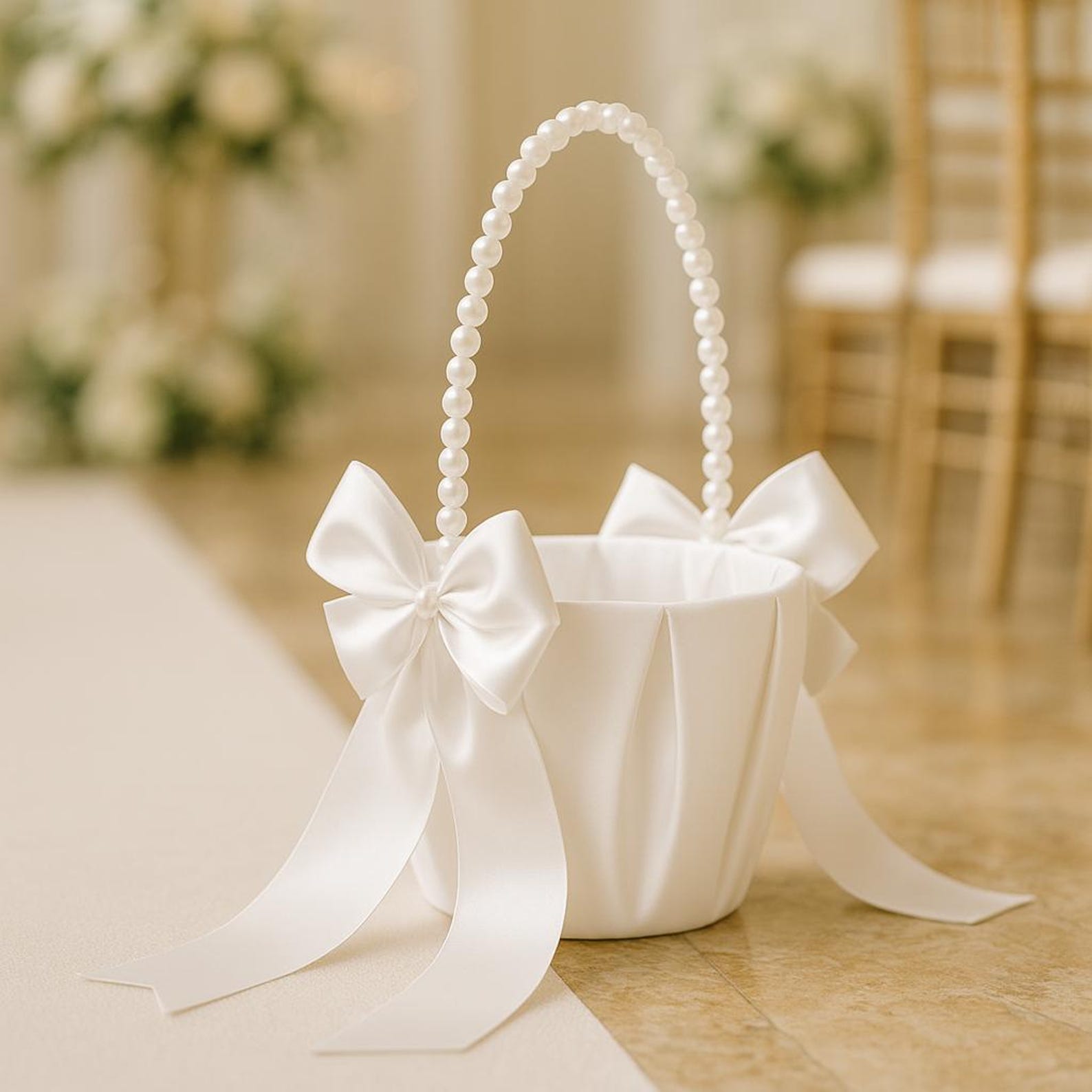 White Satin Flower Girl Basket Pearl Handle Wedding Ceremony Bow Petal ...
